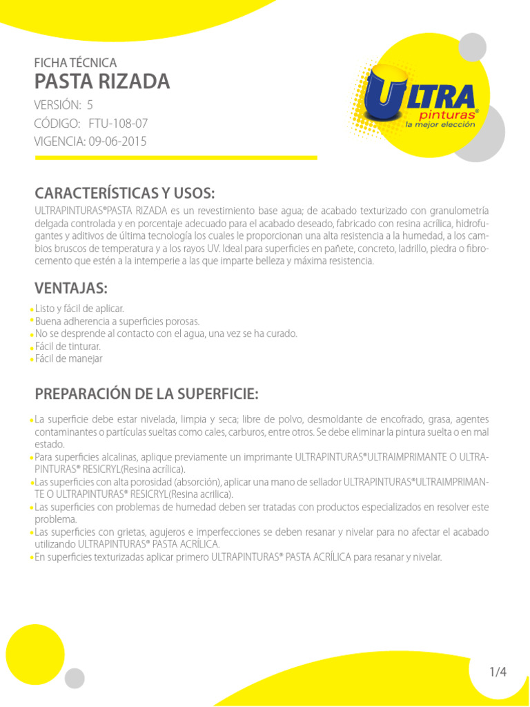 Pasta Rizada Ultrapinturas: Ficha Técnica | PDF | Hormigón | Agua