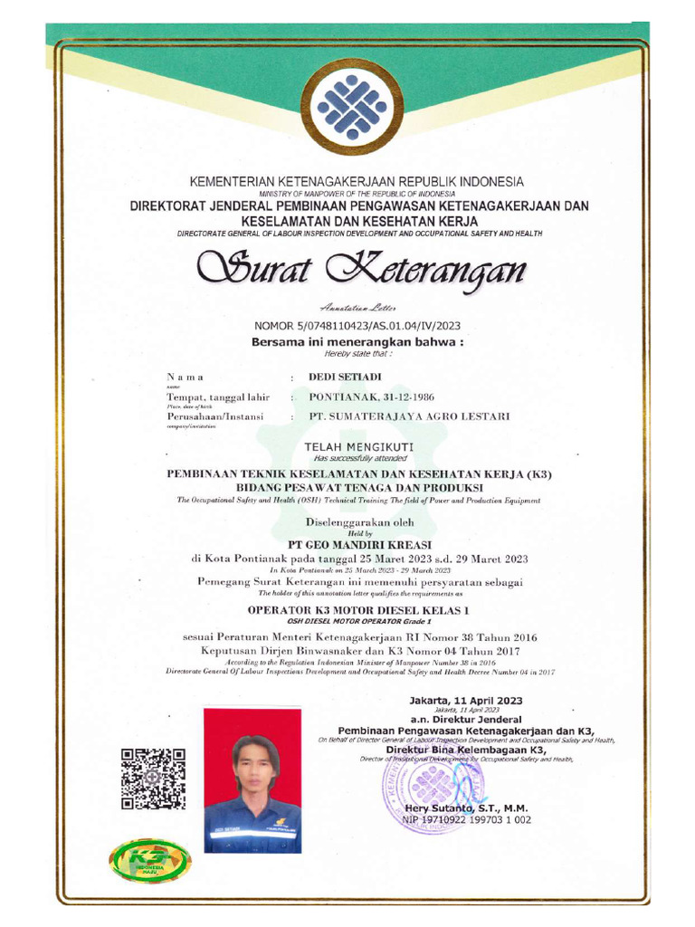 SK Dan Lisensi k3 A.N Dedi Setiadi - Pt. Sjal | PDF