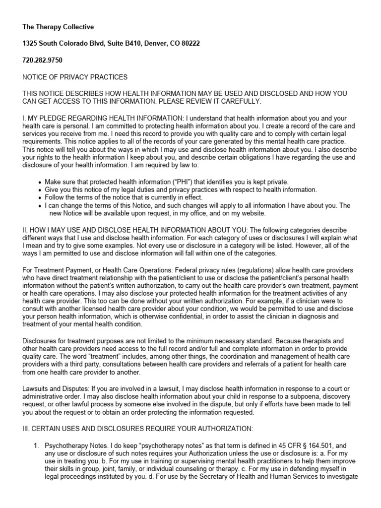 Notice of Privacy Practices | PDF | Psychotherapy | Health Care