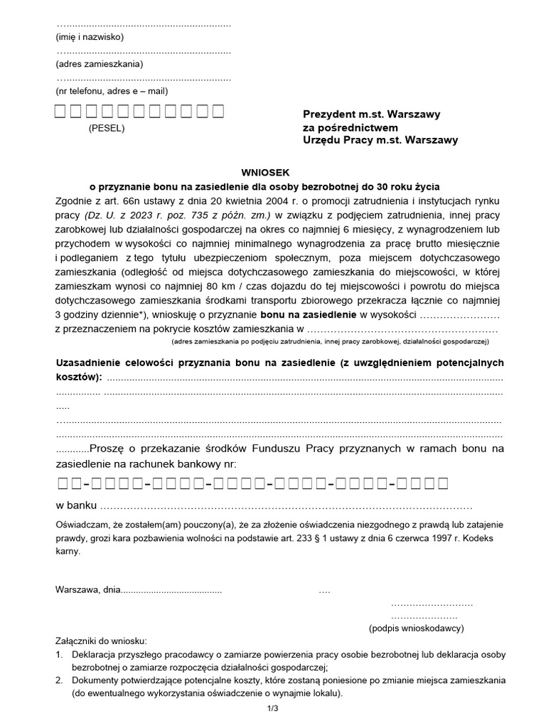Wniosek o przyznanie bonu na zasiedlenie 2024 | PDF