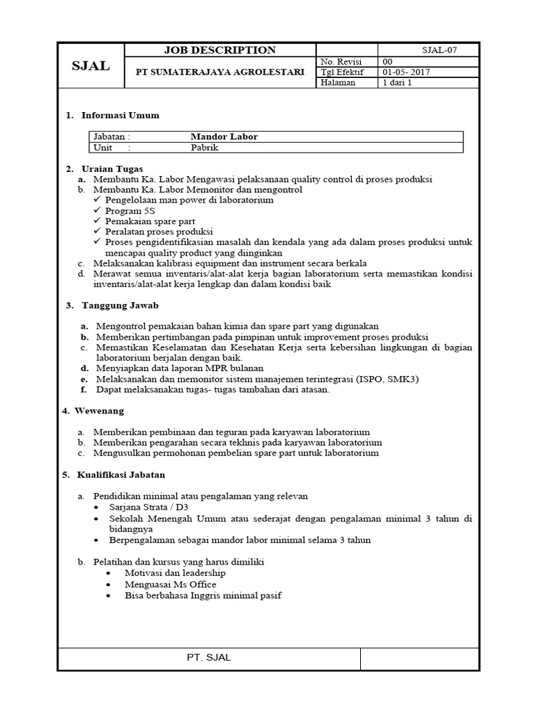 Job Description Mandor Labor Ok | PDF