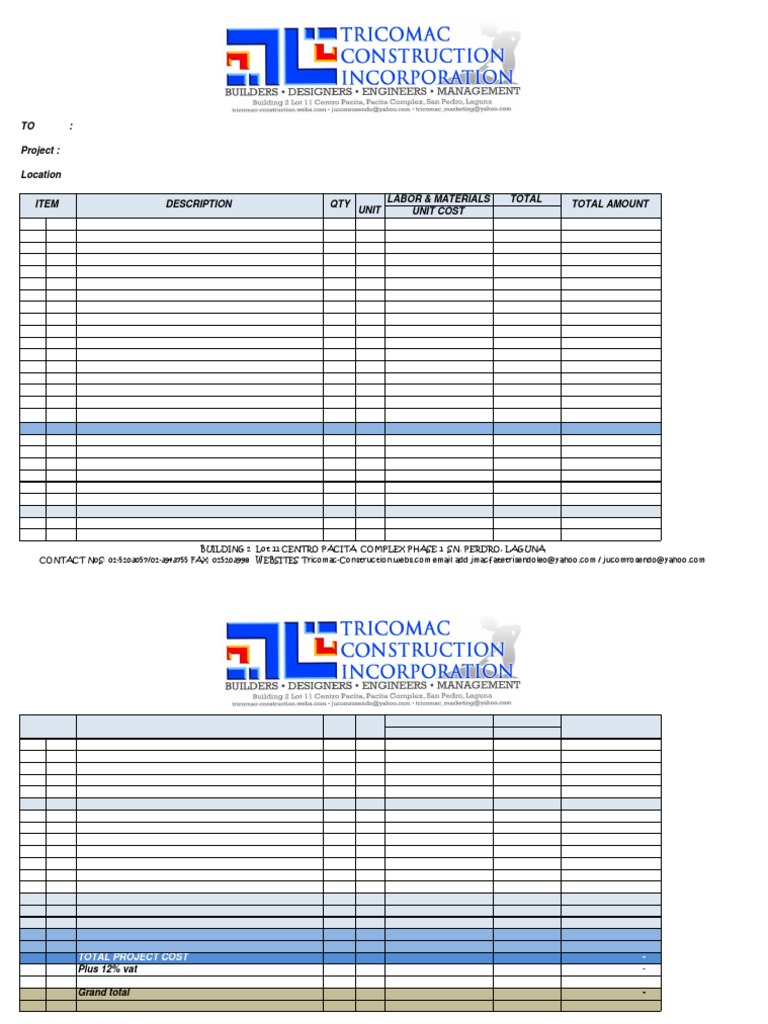 To: Project: Location Labor & Materials Total Unit Cost Total Amount ...