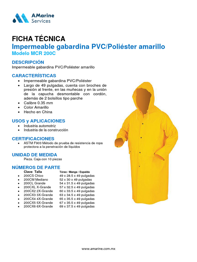 Ficha Técnica: Impermeable Gabardina PVC/Poliéster Amarillo | PDF