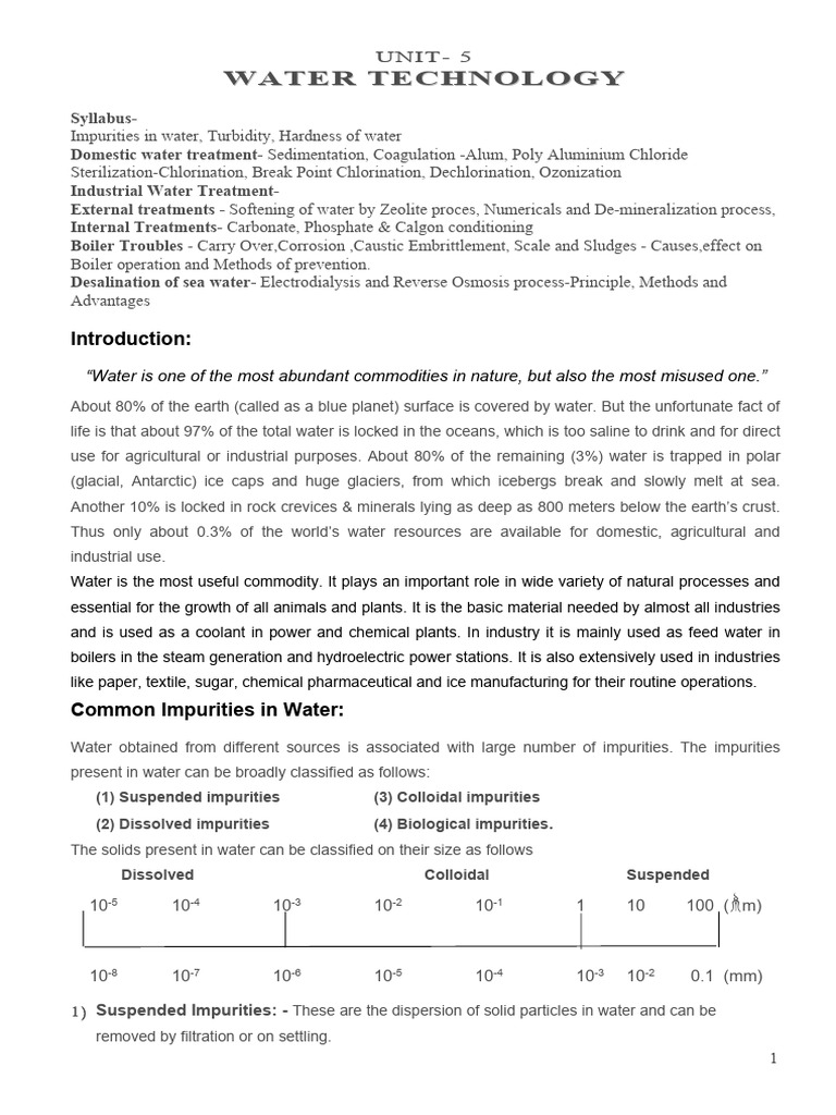 Engg - Chem. Env Sci, UNIT 5 - Water Technology | PDF | Water | Water Purification
