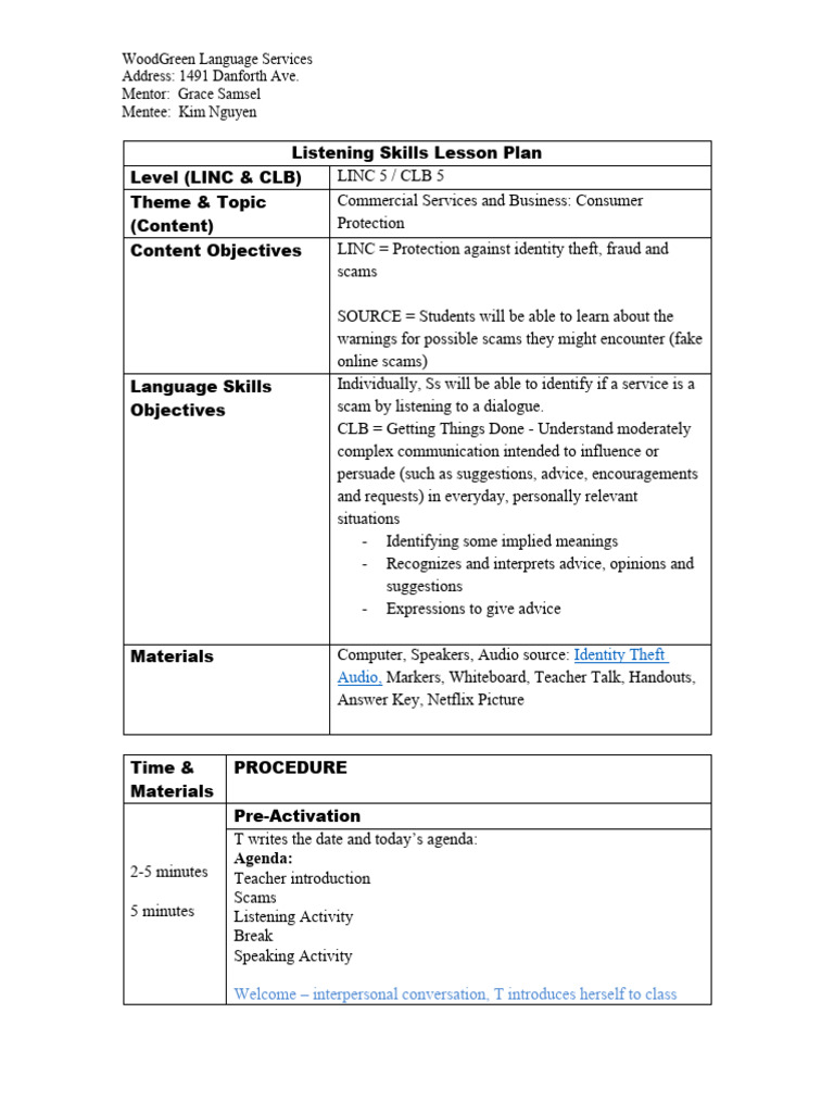 Practicum Lesson Plan 1 - Listening-Speaking | PDF | Mentorship ...