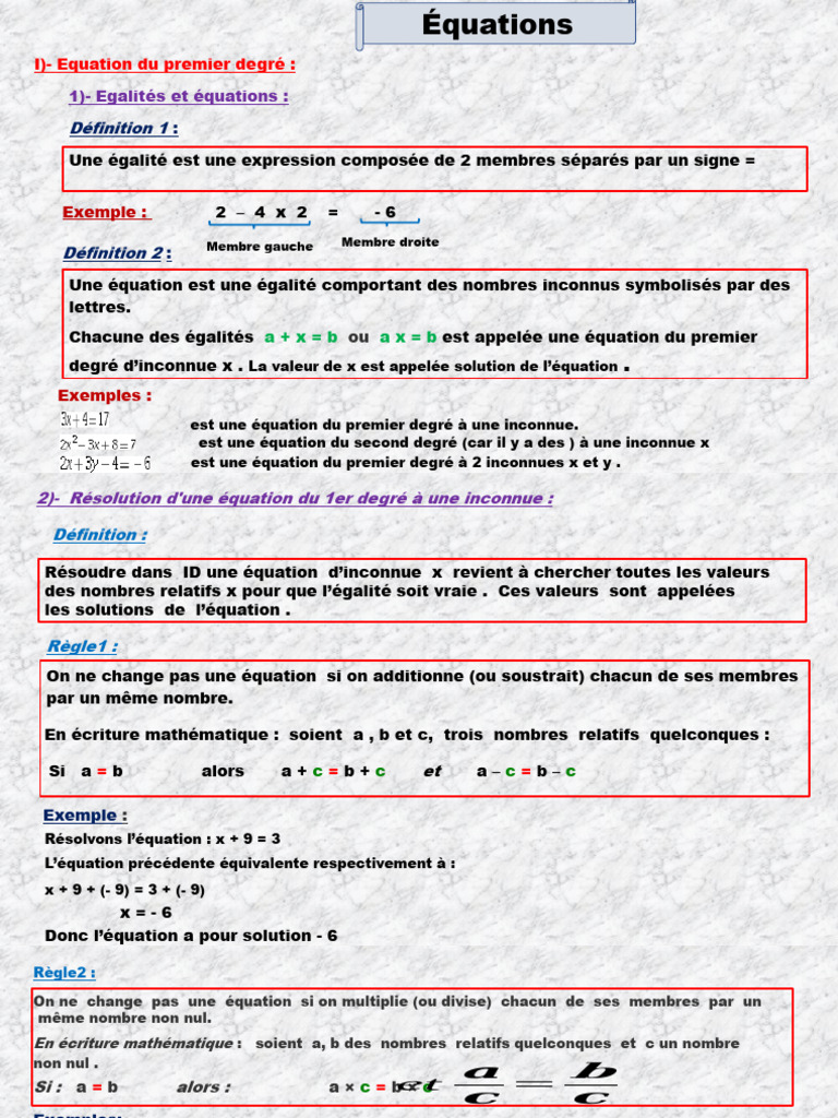 Résolution d'équations du premier degré | PDF | Équations | Mathématiques
