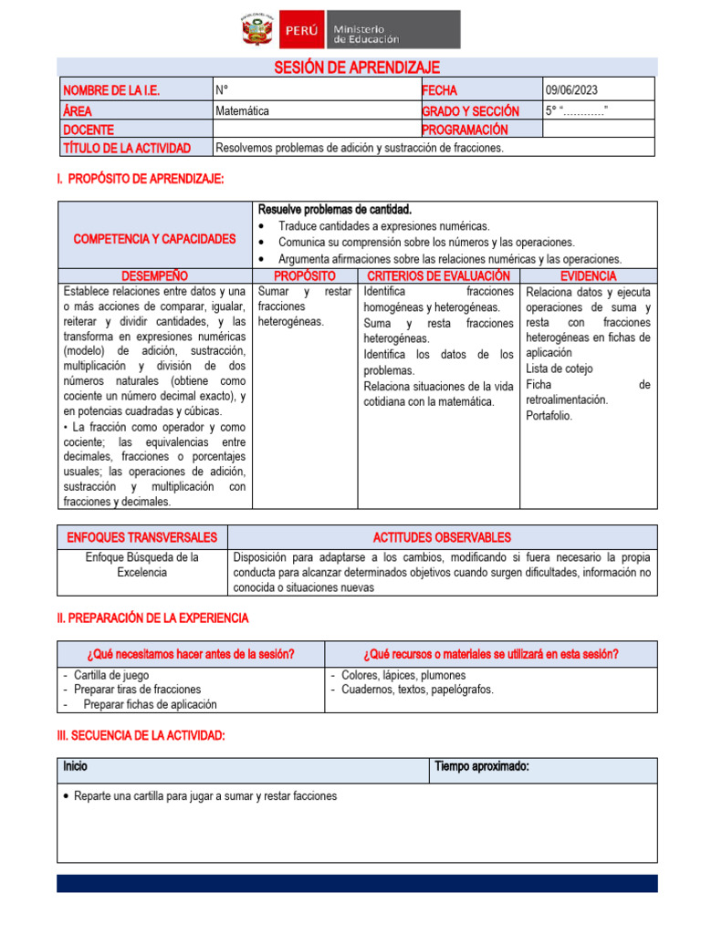 5° Sesion de Aprendizaje 09 de Junio Matemática | PDF | Sustracción | Evaluación