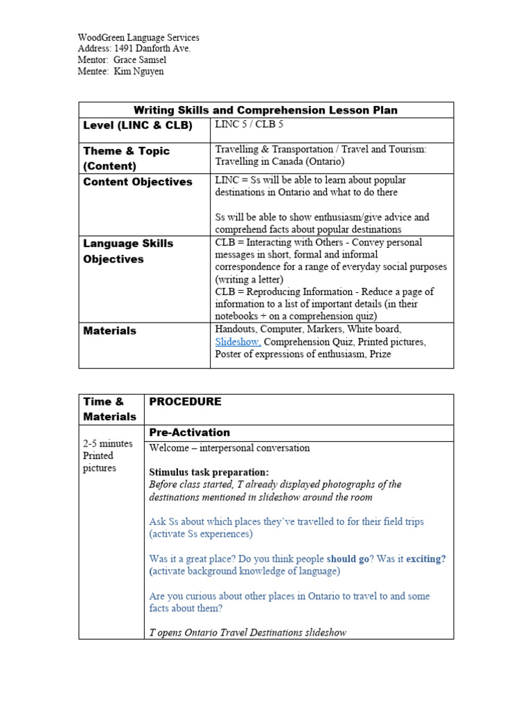 Practicum Lesson Plan - Final Teaching Day | PDF | Mentorship | Tourism