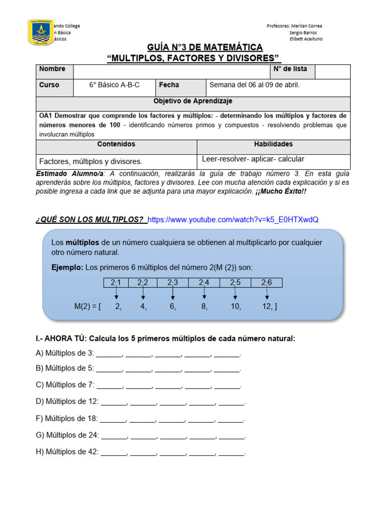 Guía de Matemática: Múltiplos y Factores | PDF