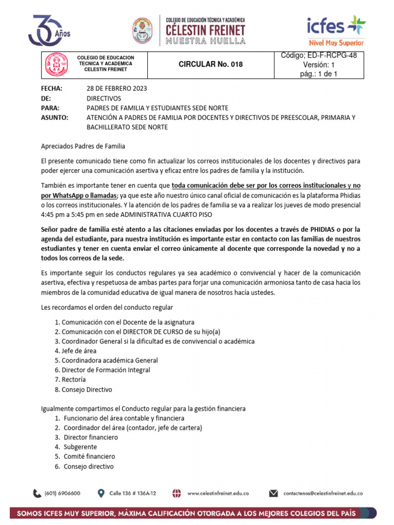 Circular 018 Horarios Atencion Sede Norte | PDF | Enseñando | Comunicación humana