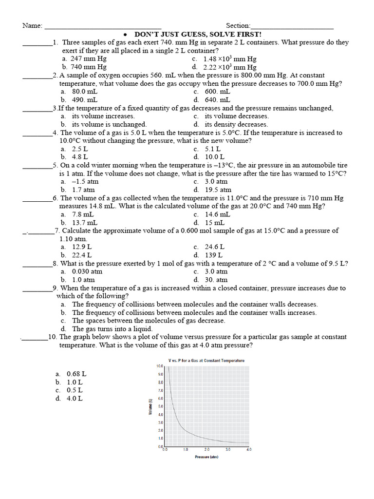 Gas Laws Practice Questions | PDF | Gases | Pressure