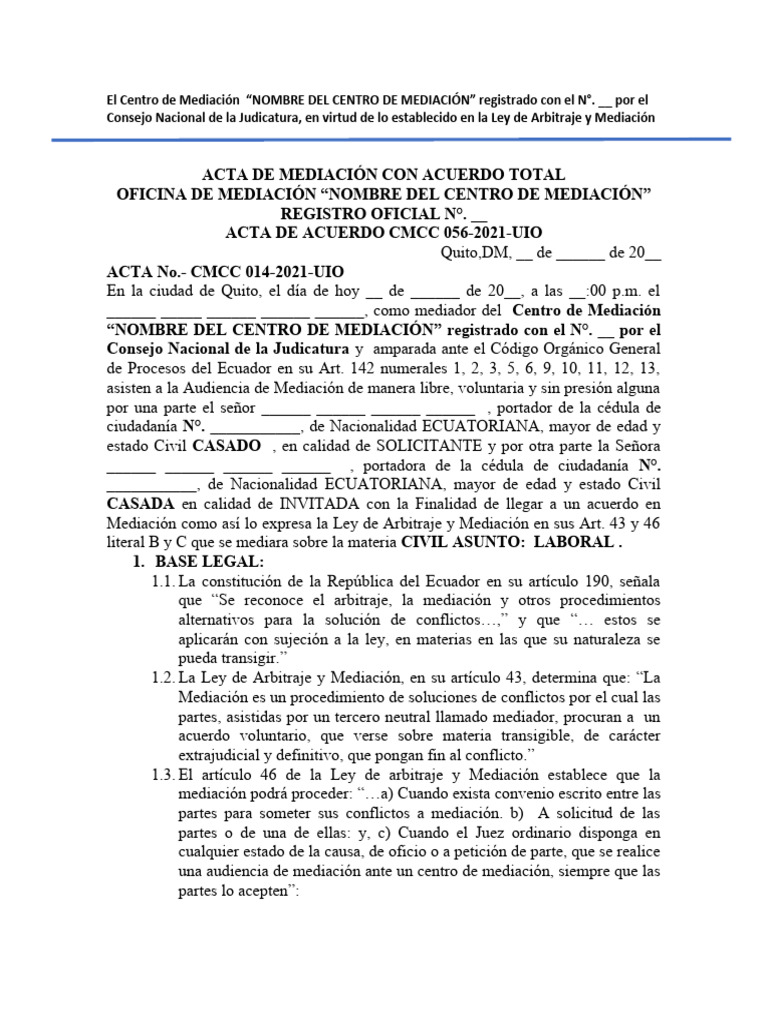 Modelo Acta Laboral | Descargar gratis PDF | Mediación | Arbitraje