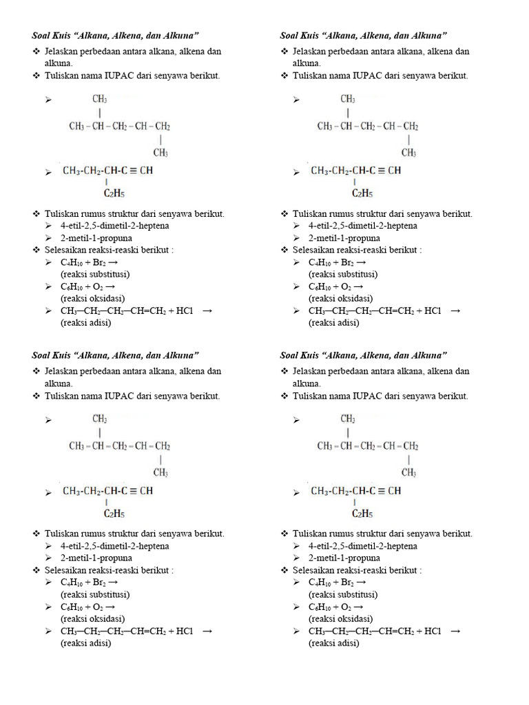 Soal Kuis Alkana, Alkena, Alkuna | PDF