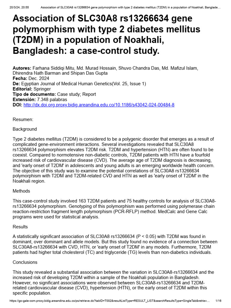 SLC30A8 Polymorphism and T2DM in Noakhali | PDF | Diabetes ...