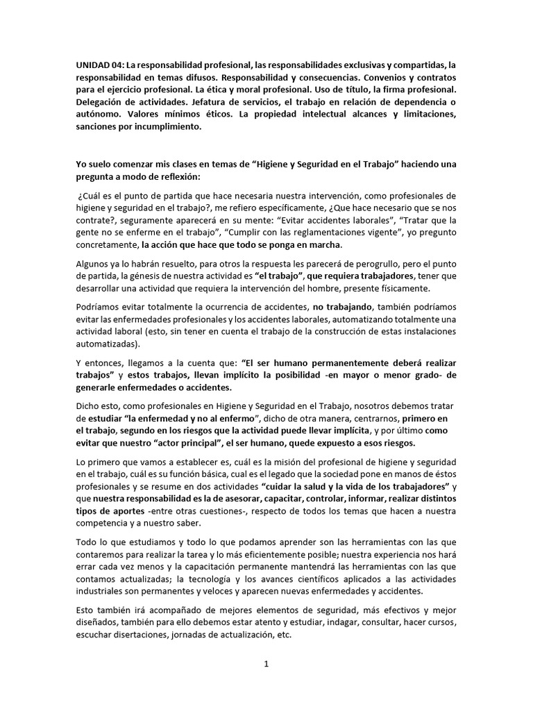 Unidad 4 - La Responsabilidad Profesional, Ética y Moral Profesional ...