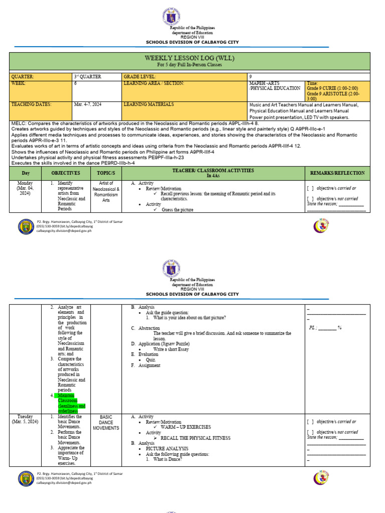 ARTS - Peh w6 q3 (AutoRecovered) | PDF | Learning | Teachers