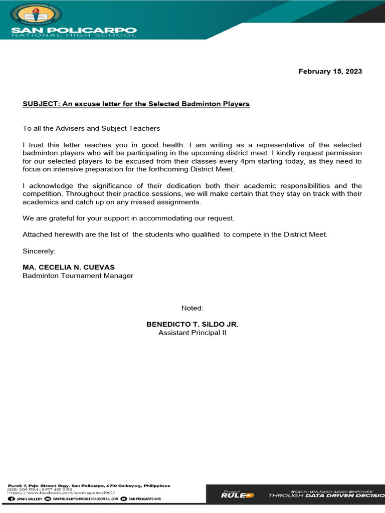 Excuse Letter for Badminton Players | PDF