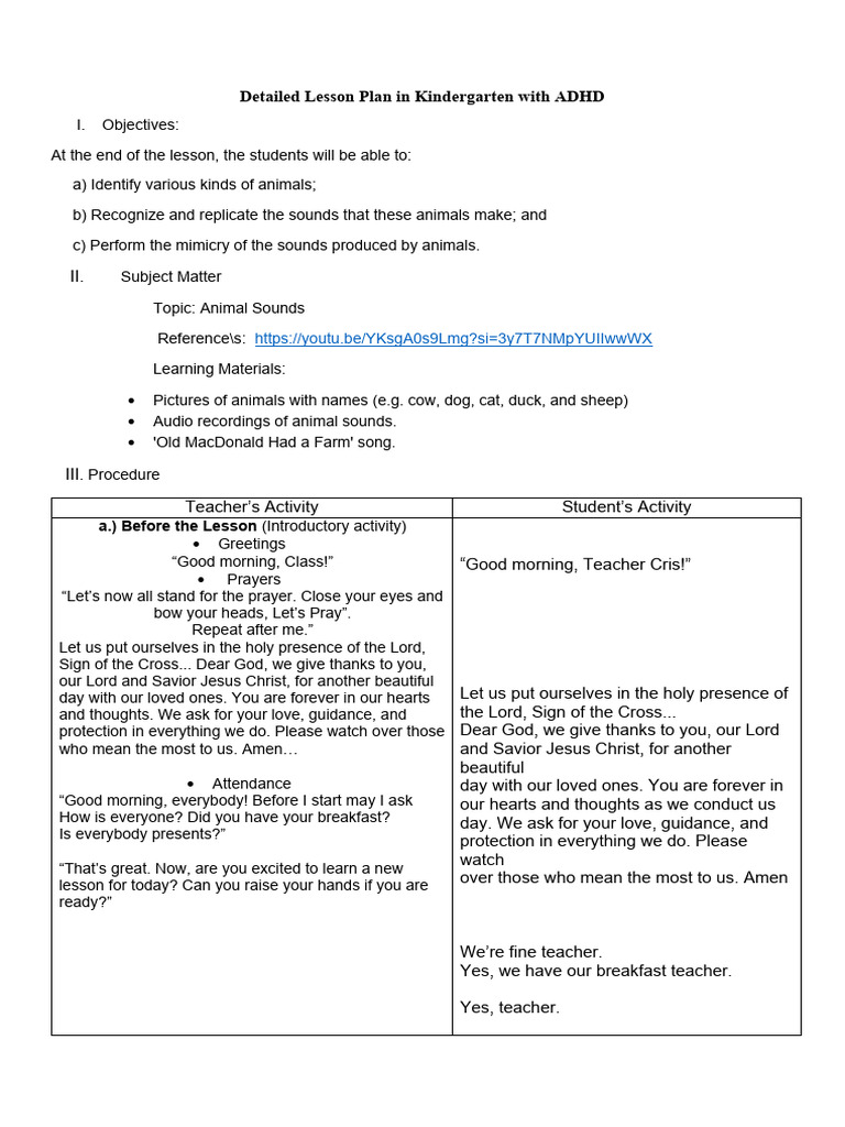 Kindergarten ADHD Animal Sounds | PDF | Old Mac Donald Had A Farm | Prayer