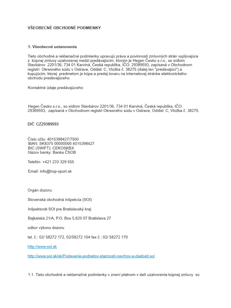 Obchodne Podmienky HS - SK | PDF