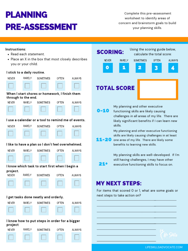 Free Executive Functioning Assessment Fillable | Download Free PDF ...