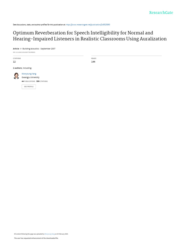 Optimum Reverberation For Speech Intelligibility For Normal and Hearing ...