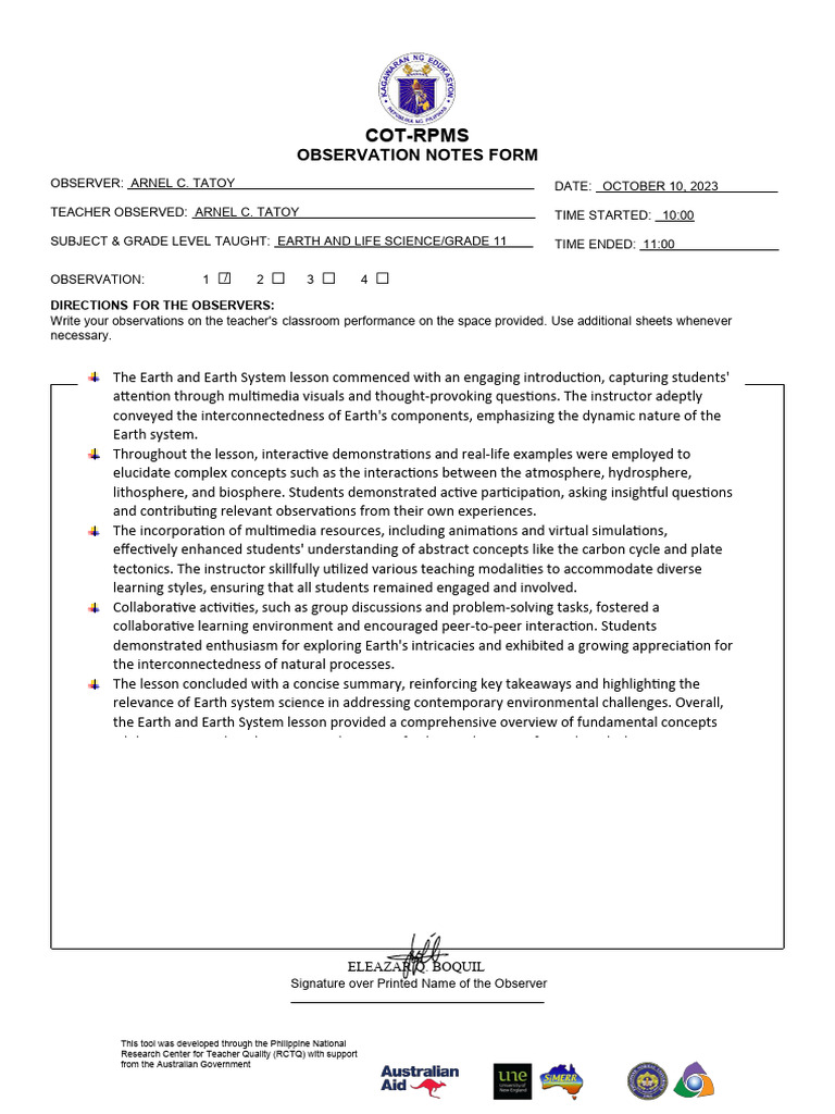 1st COT-RPMS-Observation-Notes-Form | Download Free PDF | Earth | Learning 1st COT-RPMS-Observation-Notes-Form | Download Free PDF | Earth | Learning