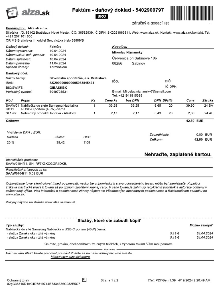 Faktúra - Daňový Doklad - 5402900797: Záručný A Dodací List | PDF