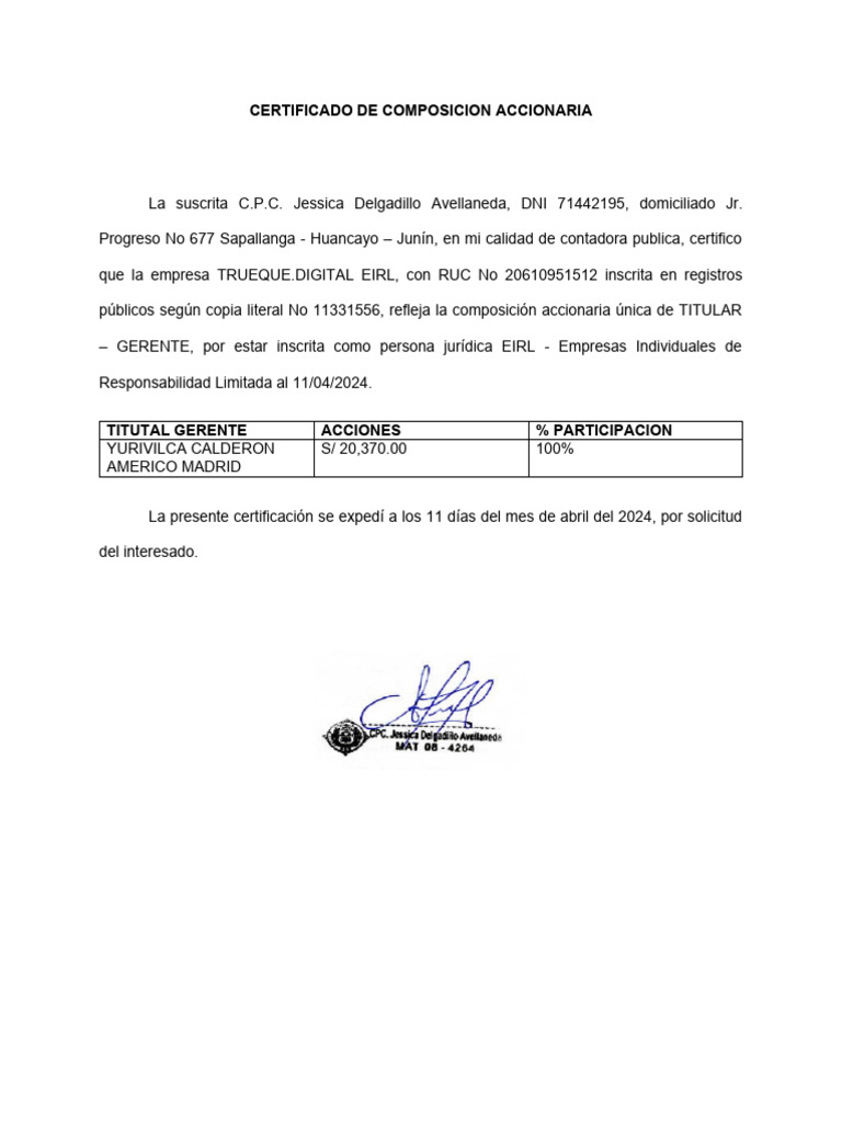 Certificado de Composicion Accionaria | PDF | Finanzas y dinero