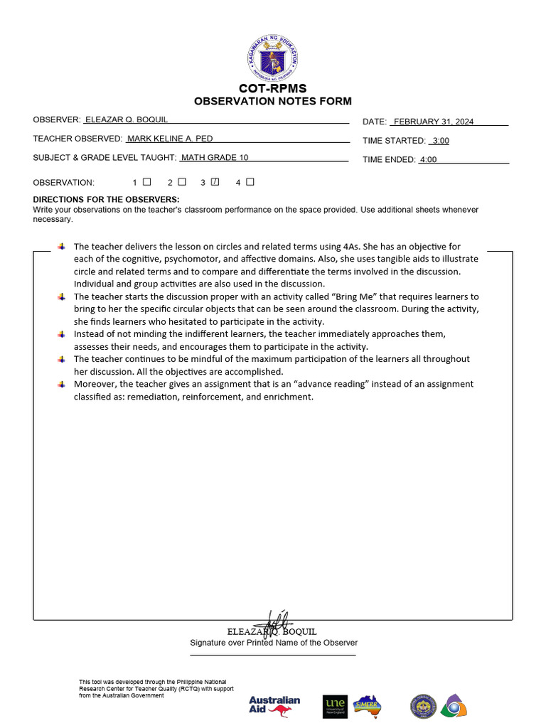 COT-RPMS Observation Notes Sample | PDF | Wellness