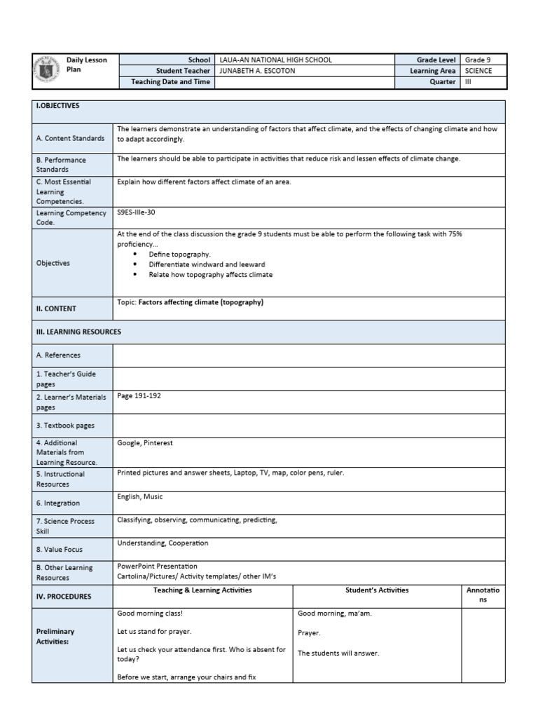 Grade 9 Science Lesson on Climate Factors | PDF | Precipitation | Rain