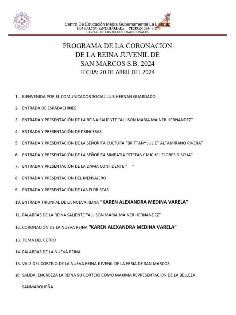 Programa Coronación de La Reina Juvenil - 2024 | PDF