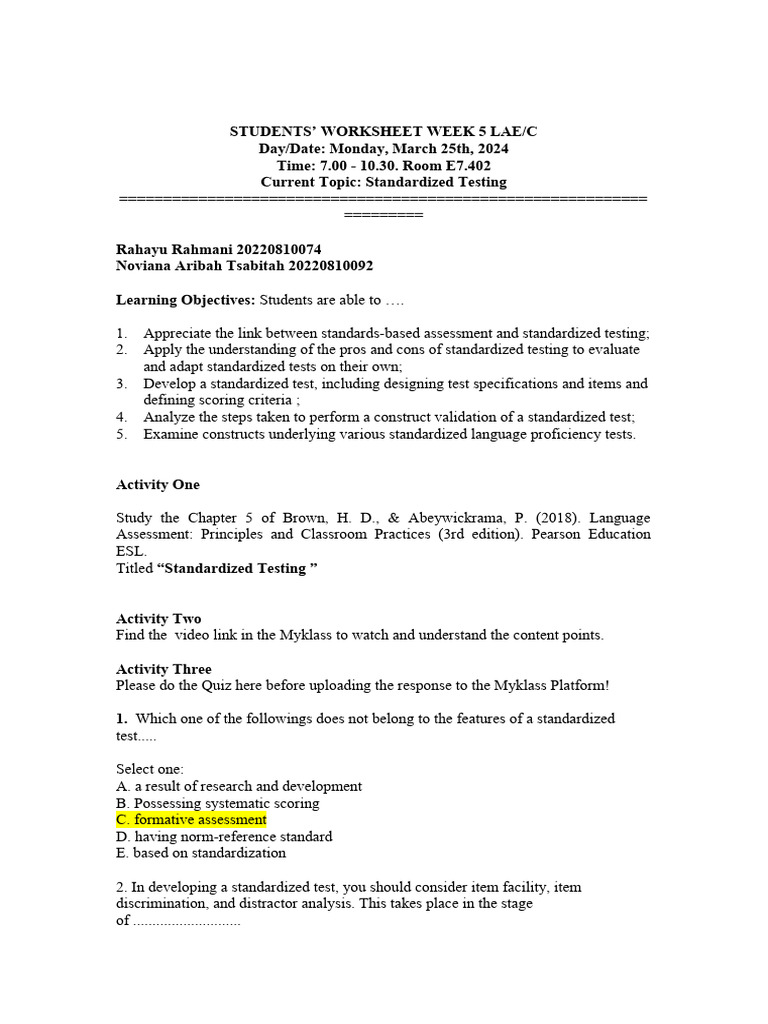 WEEK 5 WORKSHEET - Standardized Testing | PDF | International English ...