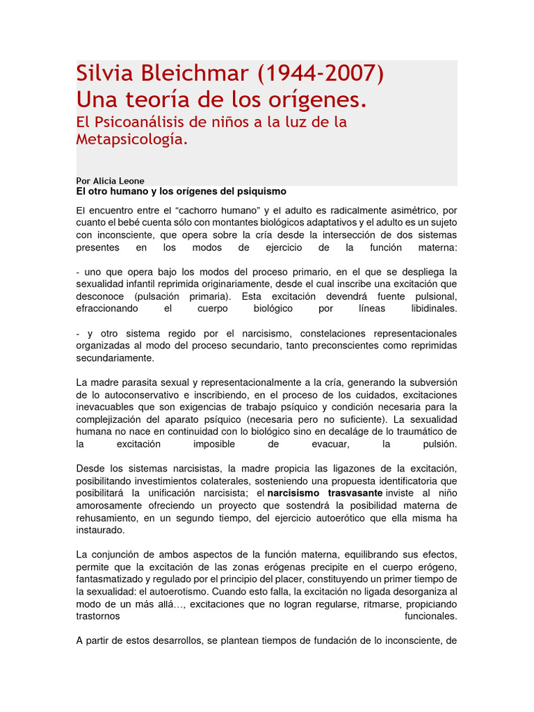 Leone A. Silvia Bleichmar. El Otro Humano y Los Origenes Del Psiquismo | PDF | Psicoanálisis ...