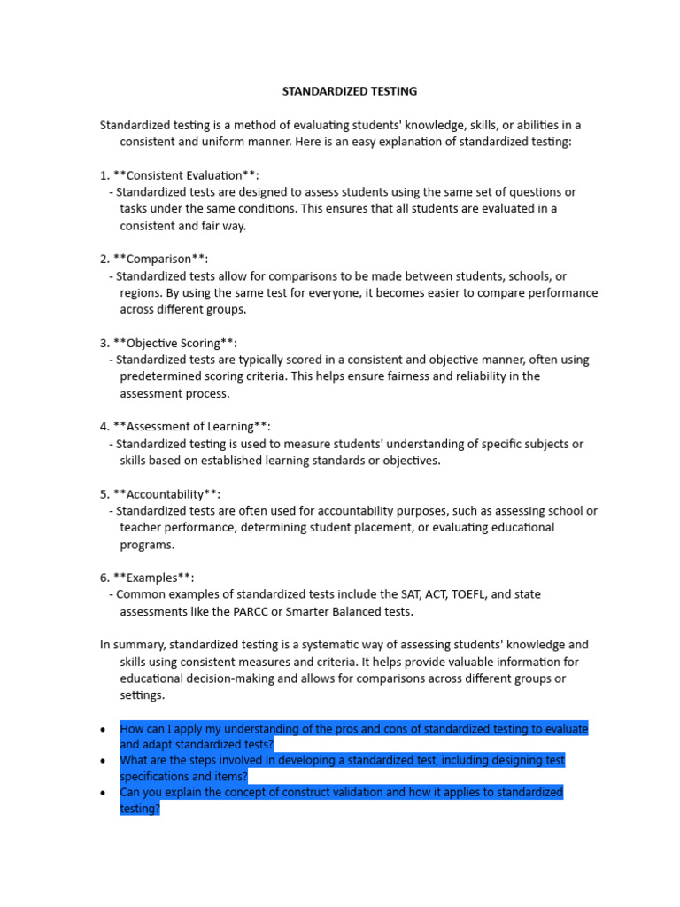 Standardized Testing Summary Pdf Standardized Tests Educational