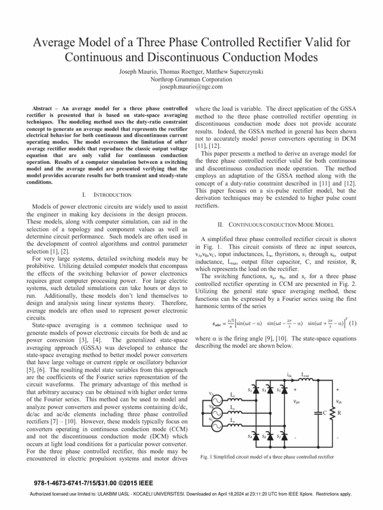 Average Model Of A Three Phase Controlled Rectifier Valid For Continuous And Discontinuous