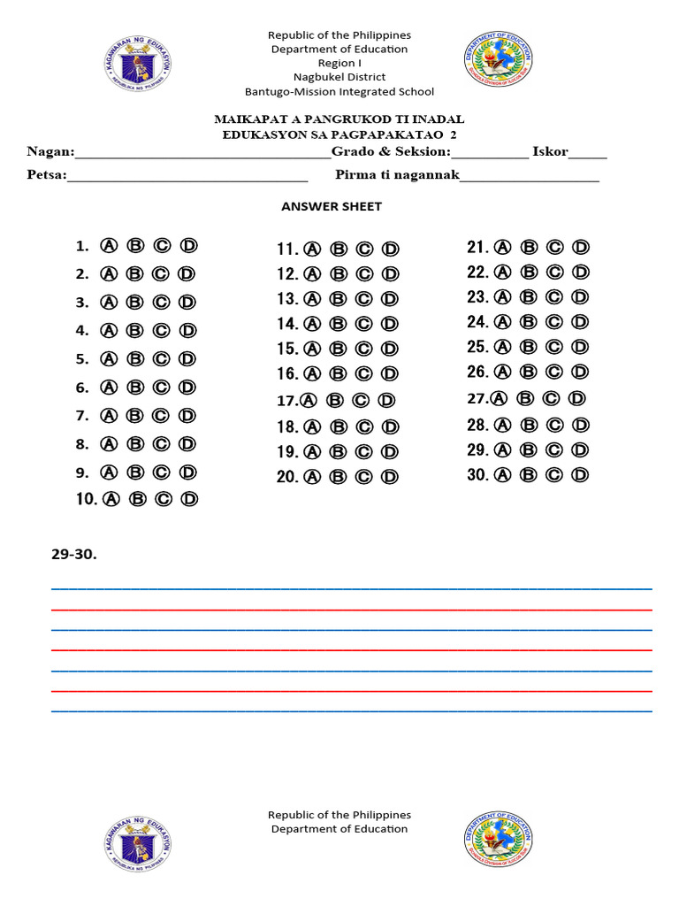 ANSWER SHEET in Esp 2 | PDF | Philippines