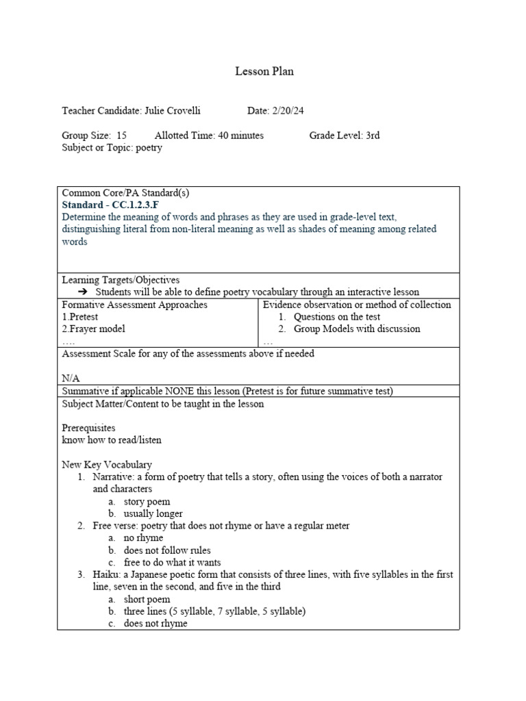 Unit Lesson 1-2 | PDF | Poetry | Rhyme