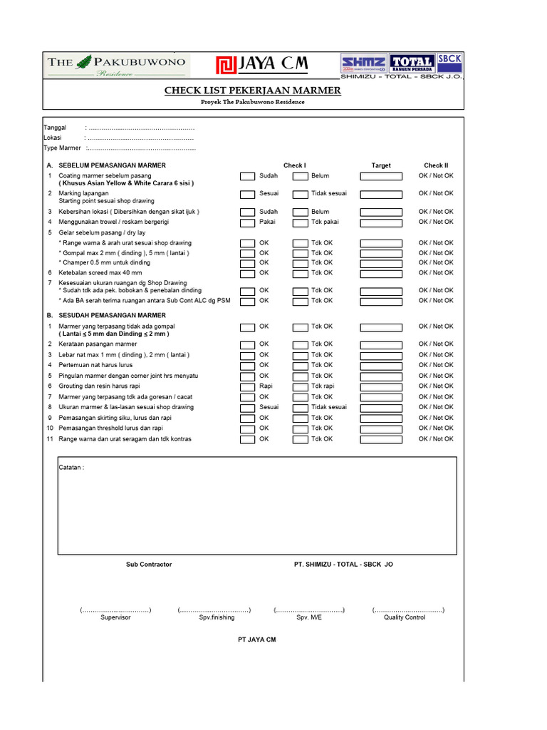 Checklist Pemasangan Marmer Proyek | PDF