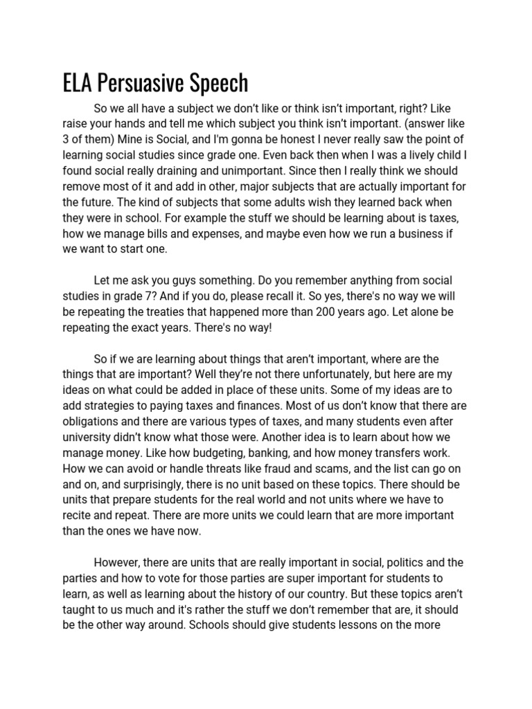 ELA Persuasive Speech Aaron 9S | PDF