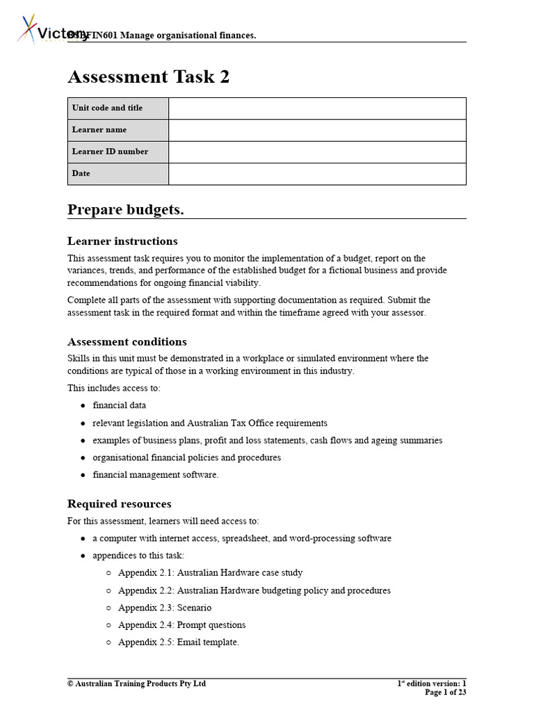 BSBFIN601 Budgeting Assessment Task 2 | PDF | Expense | Budget