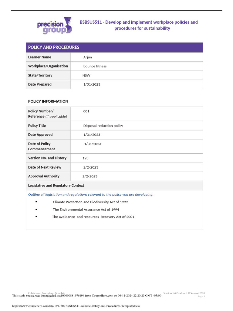 SUS511_Generic_Policy_and_Procedures_Template.docx | PDF | Waste | Policy