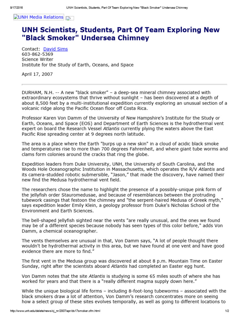 UNH Scientists Students Part Of Team Exploring New Black Smoke | PDF ...