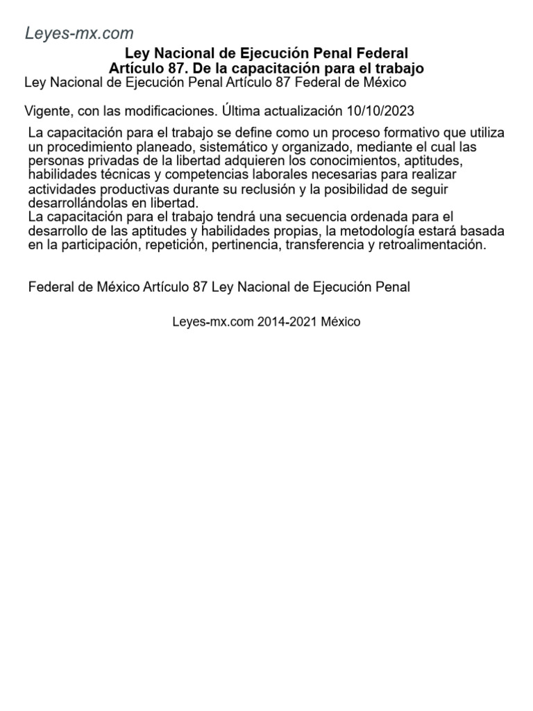 Art. 87 Ley Nacional de Ejecución Penal de La Federación de La ...