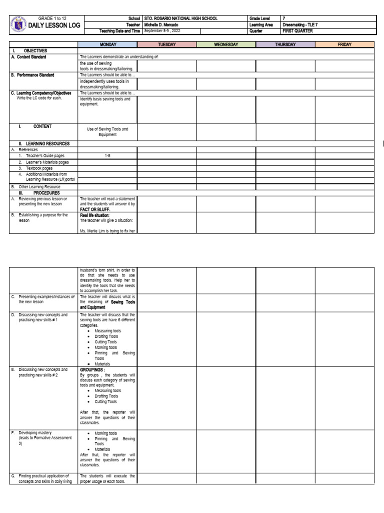 Dressmaking Q1 W2 | PDF | Learning | Sewing