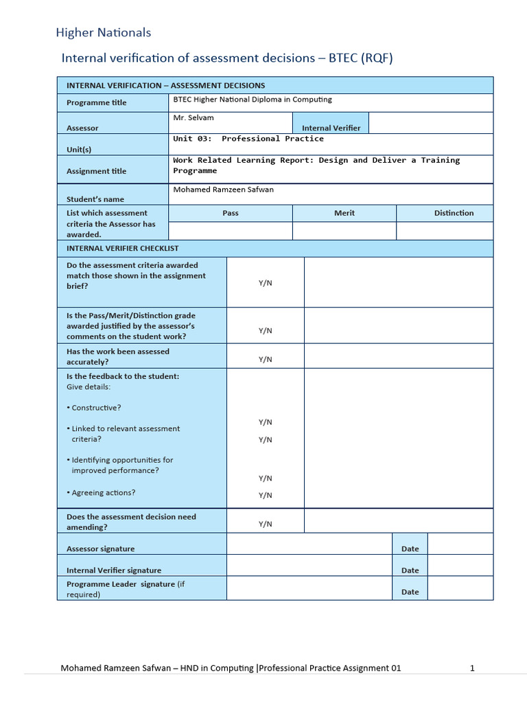 Internal Verification of Assessment Decisions - BTEC (RQF) : Higher Nationals | PDF ...