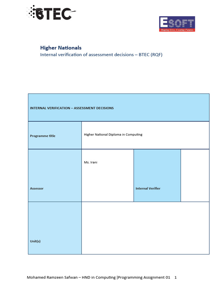 Higher Nationals: Internal Verification of Assessment Decisions - BTEC (RQF) | PDF | Computer ...