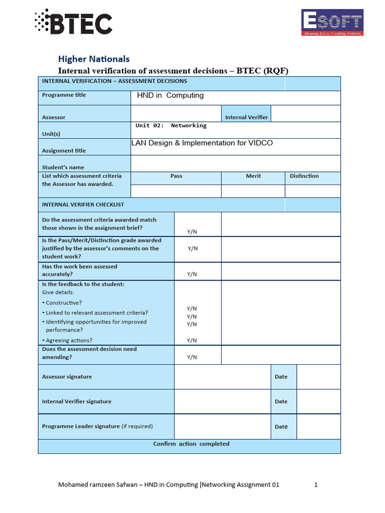 Higher Nationals: Internal Verification of Assessment Decisions - BTEC (RQF) | PDF | Computer ...
