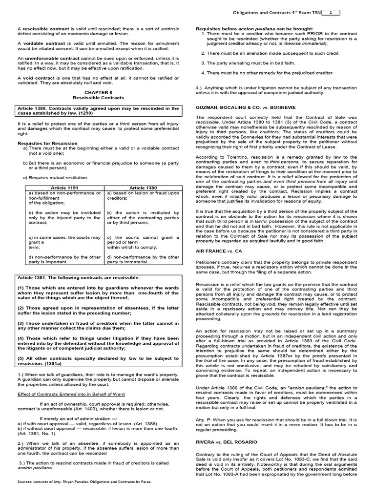 Rescissible Contracts Explained | PDF | Annulment | Fraud