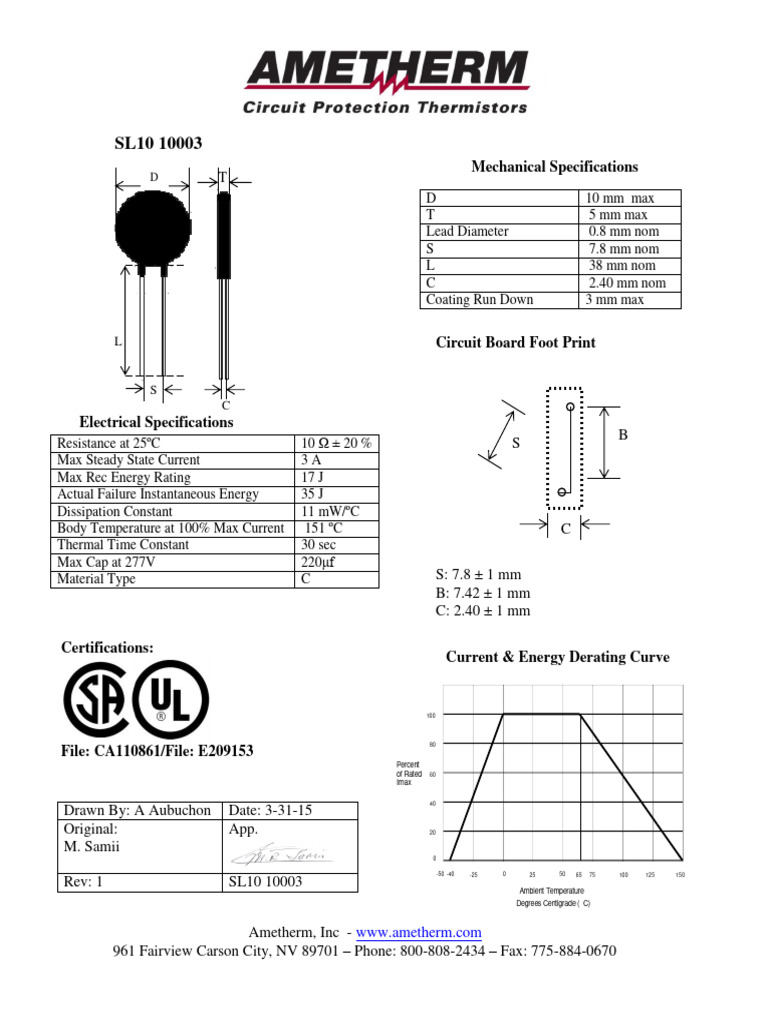 Rhopoint Ametherm Inrush Current Limiter SL10 10003 | PDF | Temperature | Electricity
