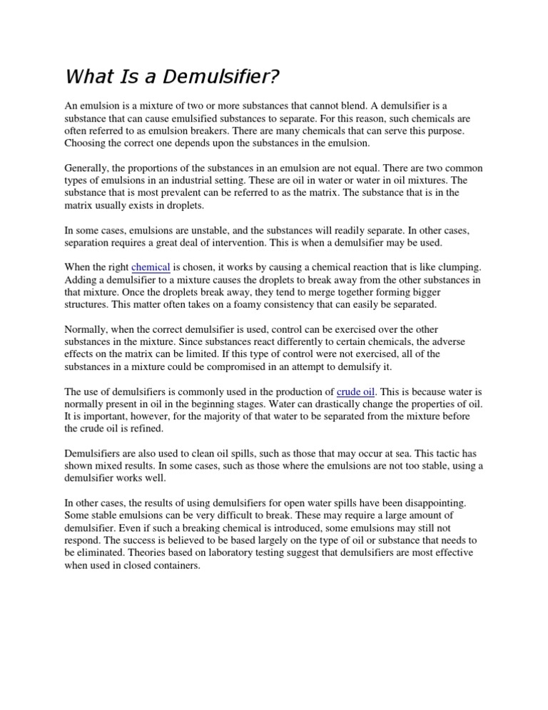 What Is A Demulsifier | PDF | Emulsion | Chemical Substances